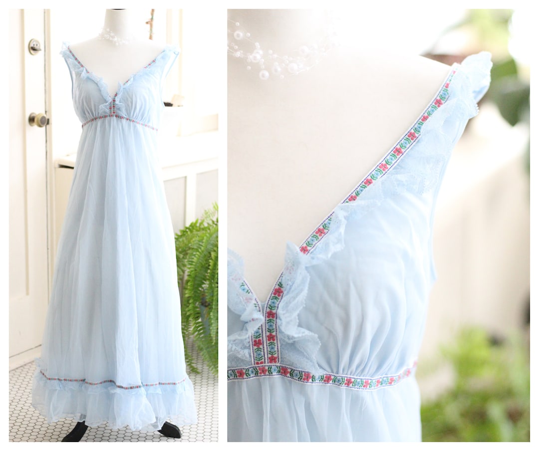 1960s Soft Sky Blue Milkmaid Nightgown / Deep V Empire Waistline ...