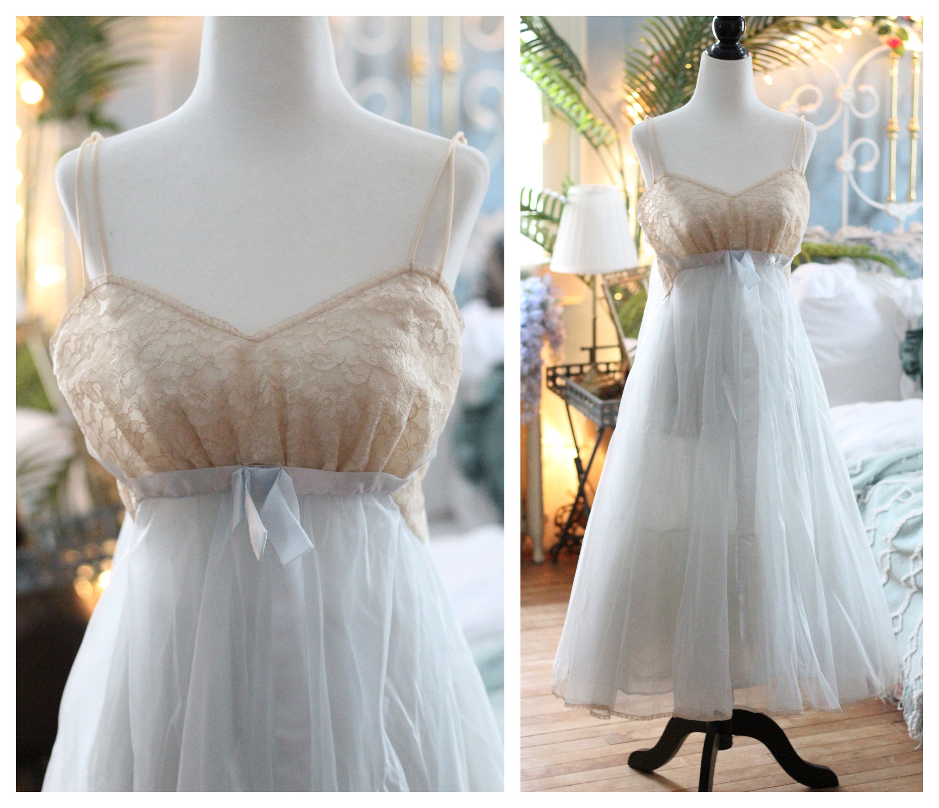 1950s Blue & Ecru Shelf Bodice Babydoll Nightgown / Nightie Dress ...