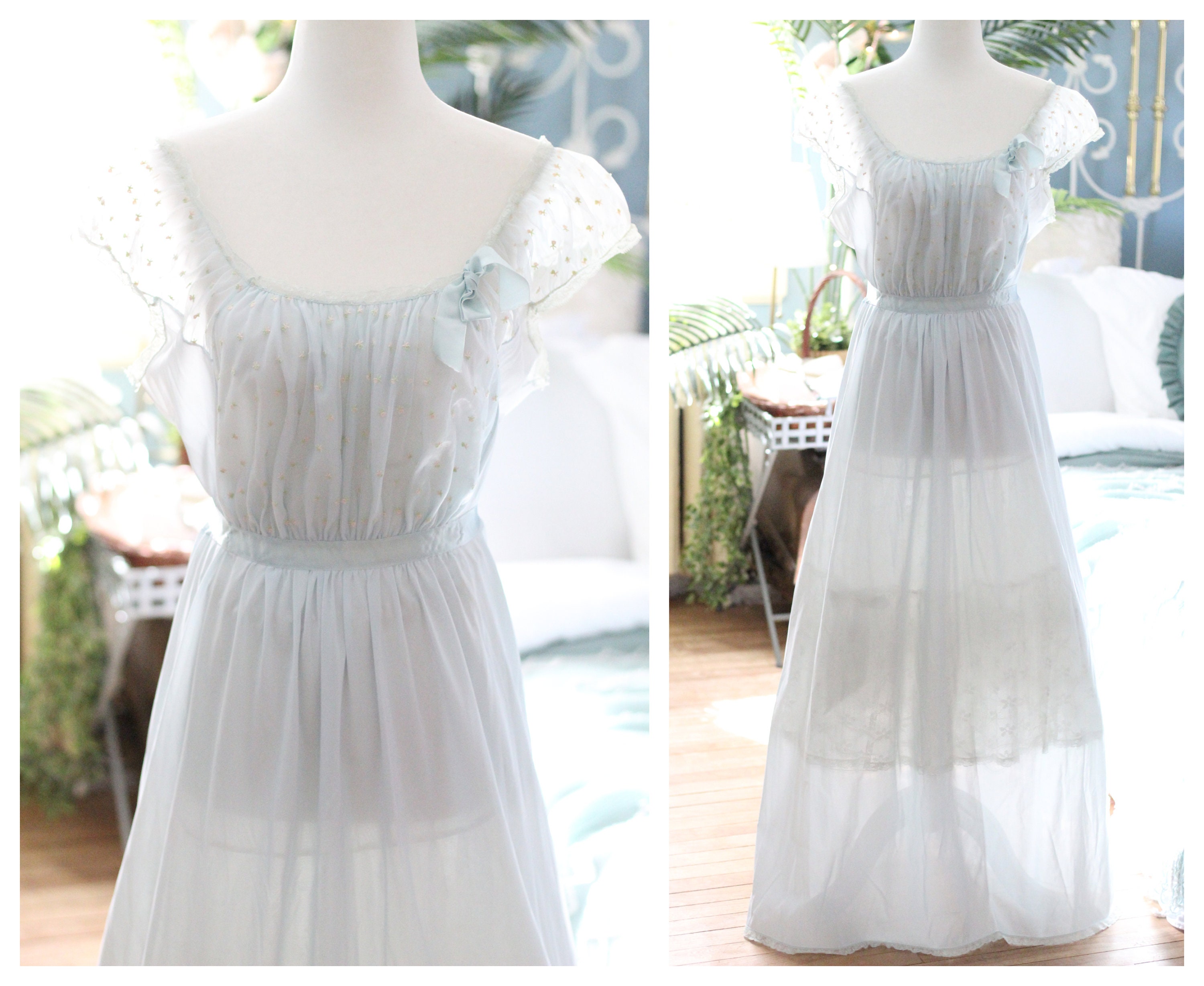 1960s Cinderella Blue Semi Sheer Nightgown / Princess Lingerie Dress ...