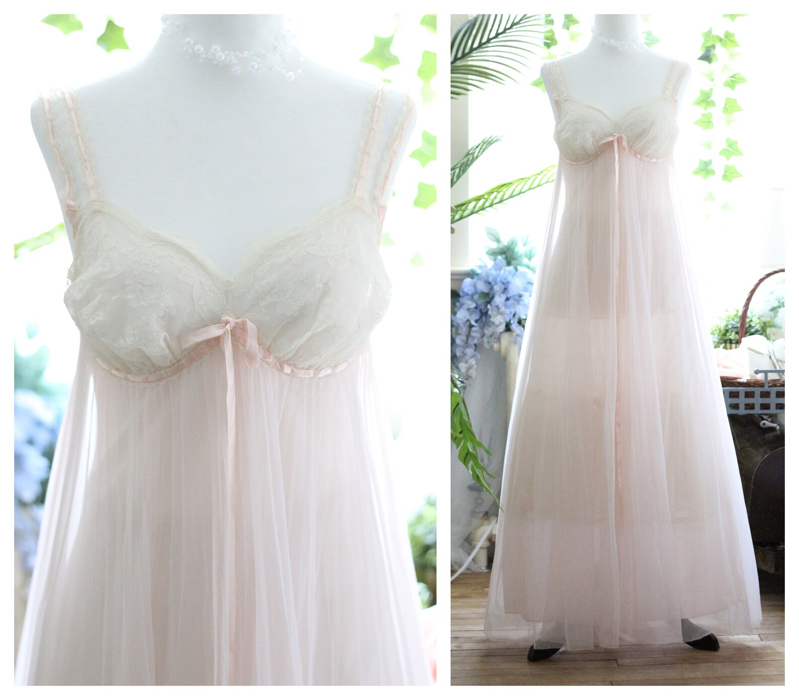 1960s Pink & Ecru Sweeping Length Bustier Babydoll Nightgown / Empire ...