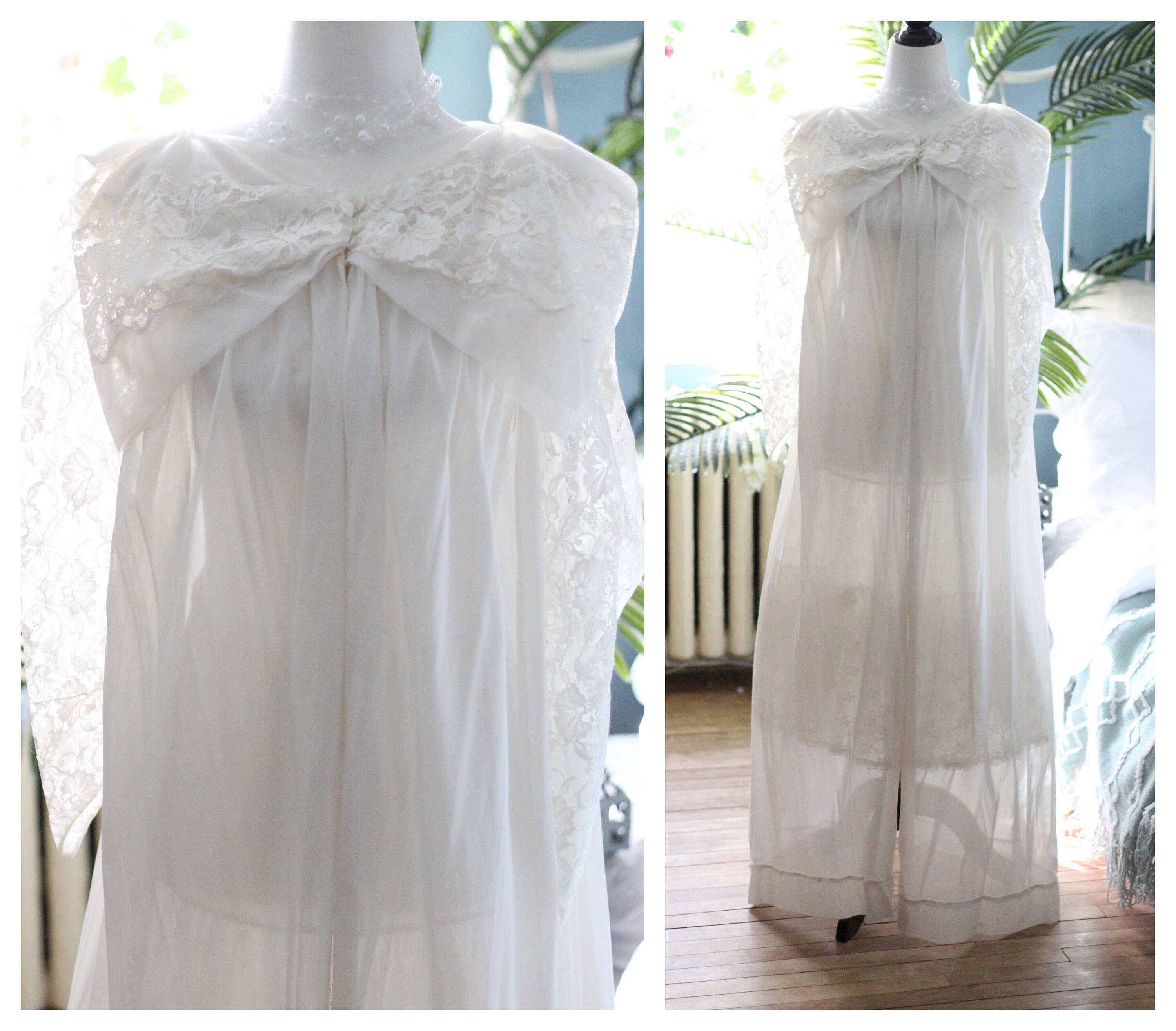 1950s White Bow Eyeful Peignoir Robe / Long Sleeve Princess Nightgown ...