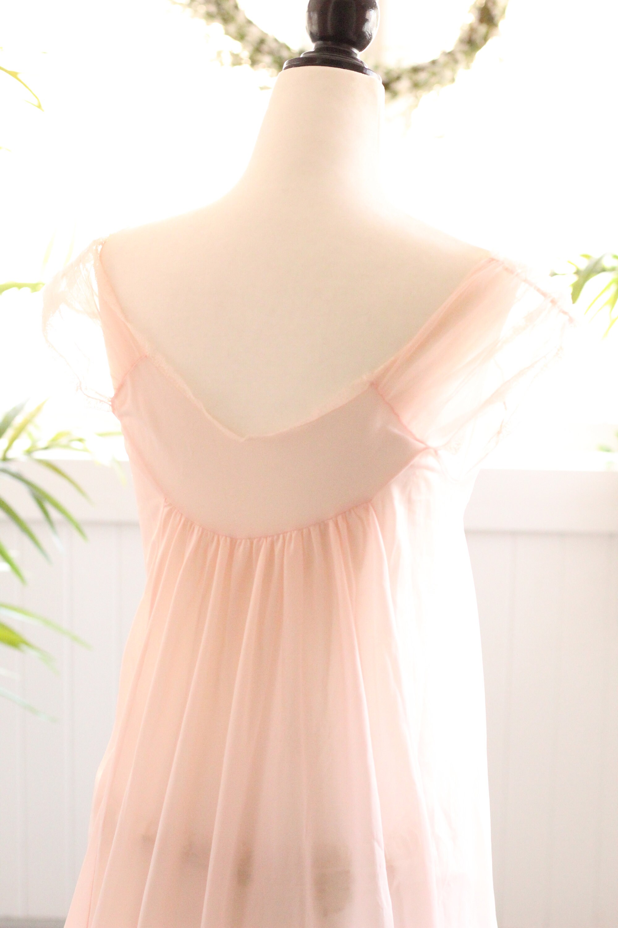 1950s Soft Blush Pink Nightgown Empire Waist Regency Ruched Cap Sleeves ...