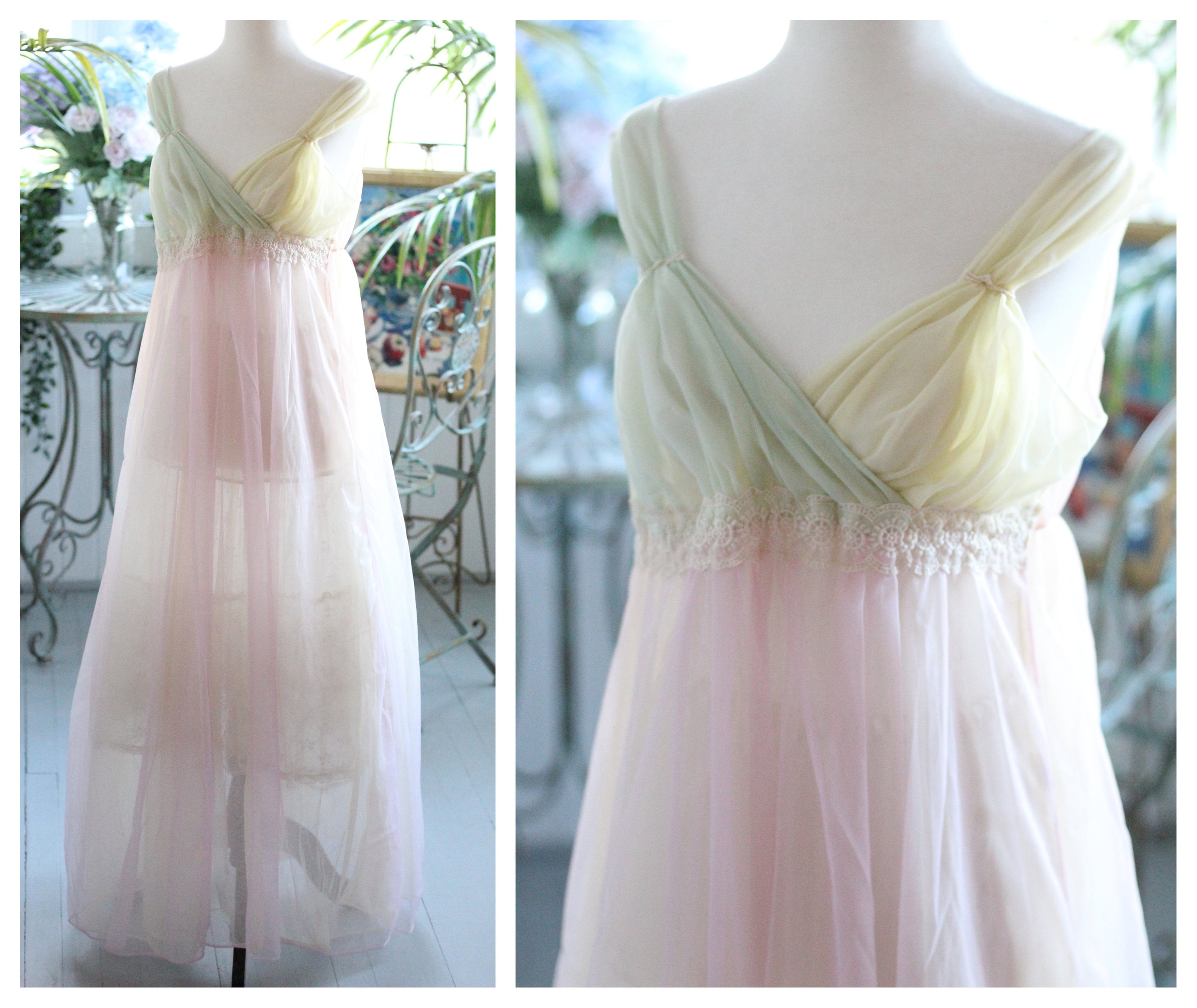 1960s Tri Color Fluffy Pastel Nightgown / Empire Waist Regency Surplice ...