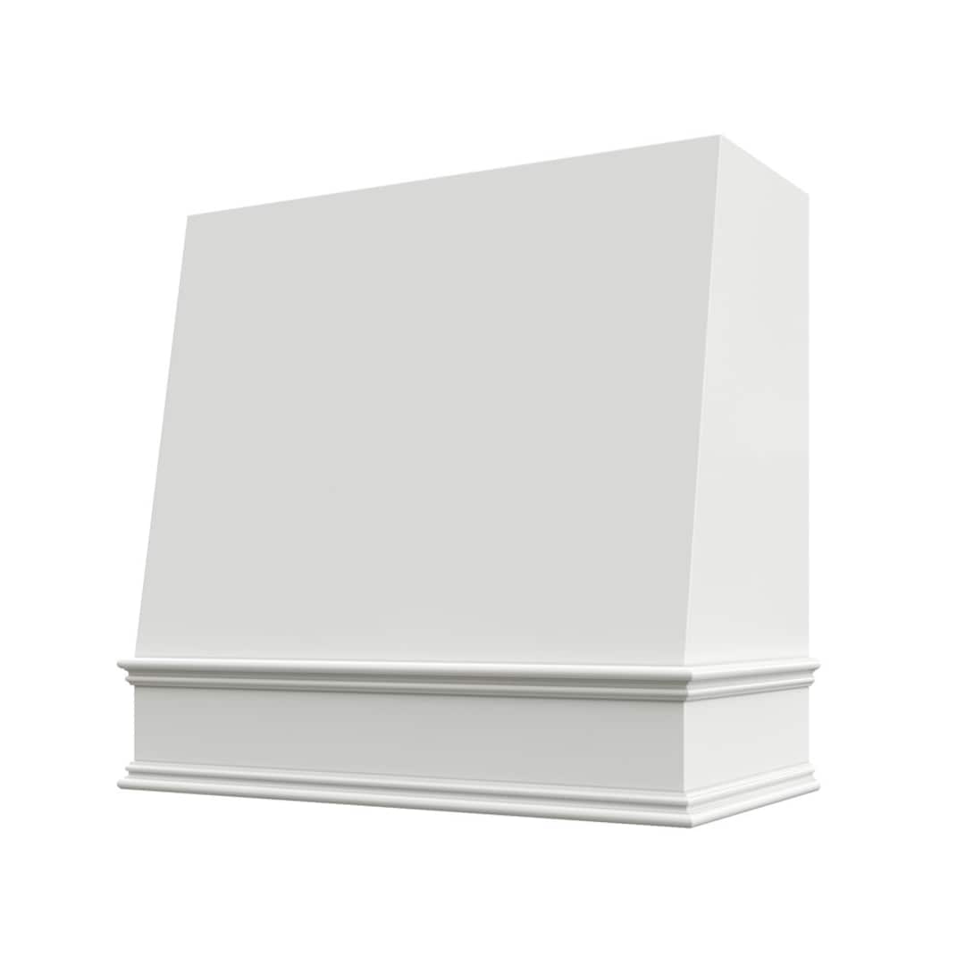 White Wood Range Hood With Decorative Moulding, Angled Front Kitchen ...