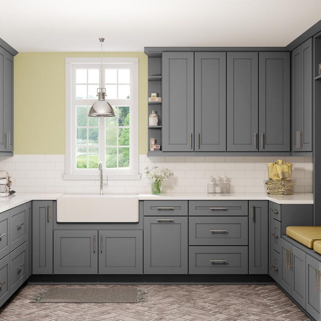 Grey built in kitchen cupboards store