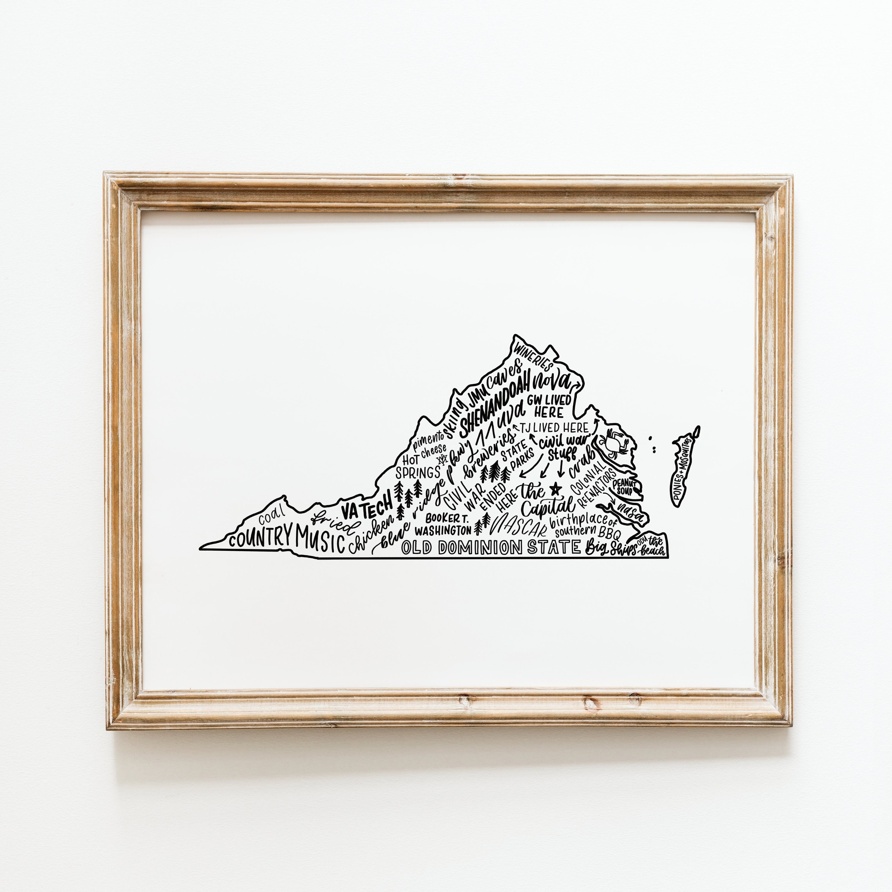 Illustrated Map of Virginia Art Print, Virginia State Map Art, Virginia ...