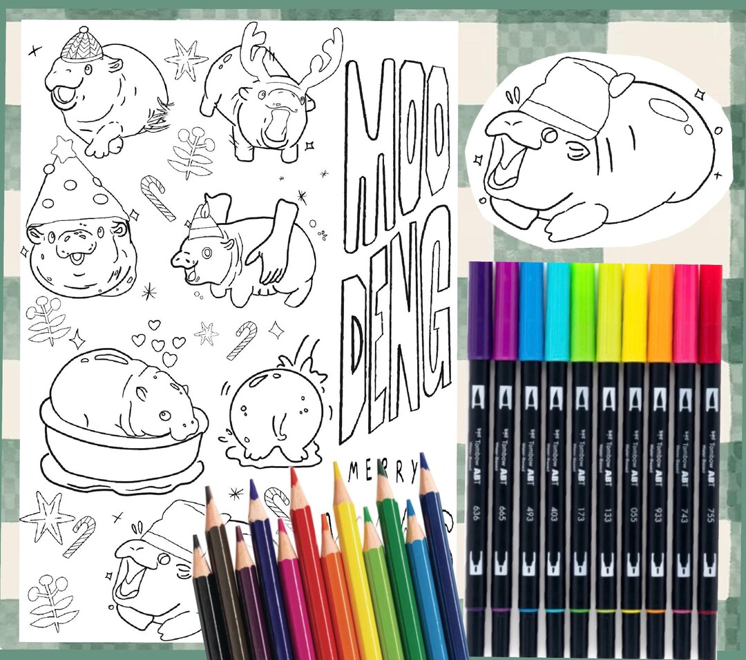Christmas Moo Deng Hippo Coloring Page Holiday Festive Printable, Cute ...