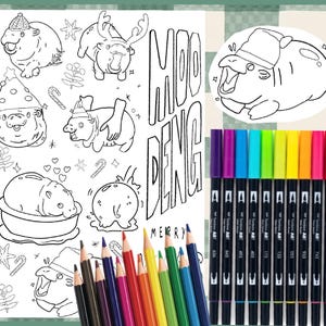 Christmas Moo Deng Hippo Coloring Page Holiday Festive Printable, Cute ...