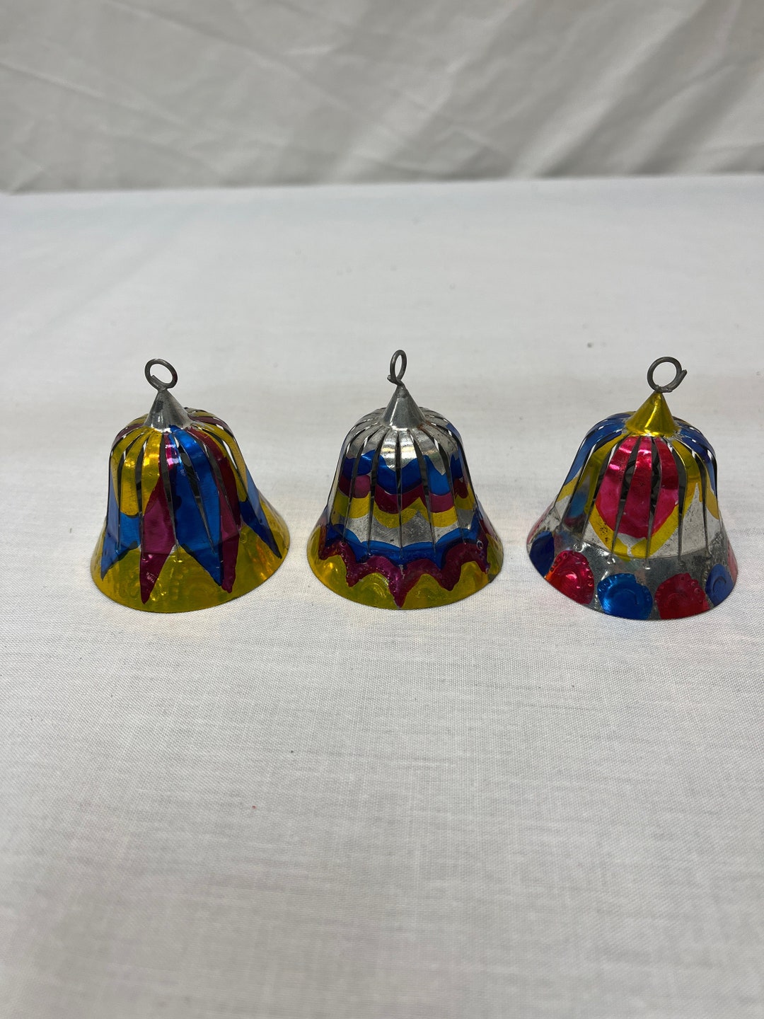 Vintage Painted Tin Bell Ornaments, Metal Bells, Red, Yellow, Blue - Etsy