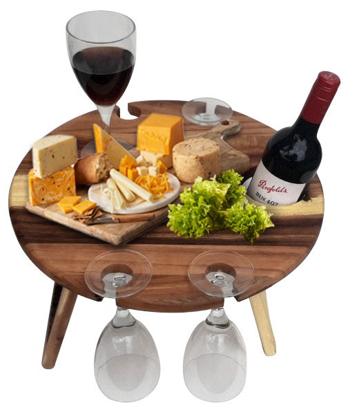 100% Solid Wood Wine Table, Folding Bed Serving Tray, Round Portable ...