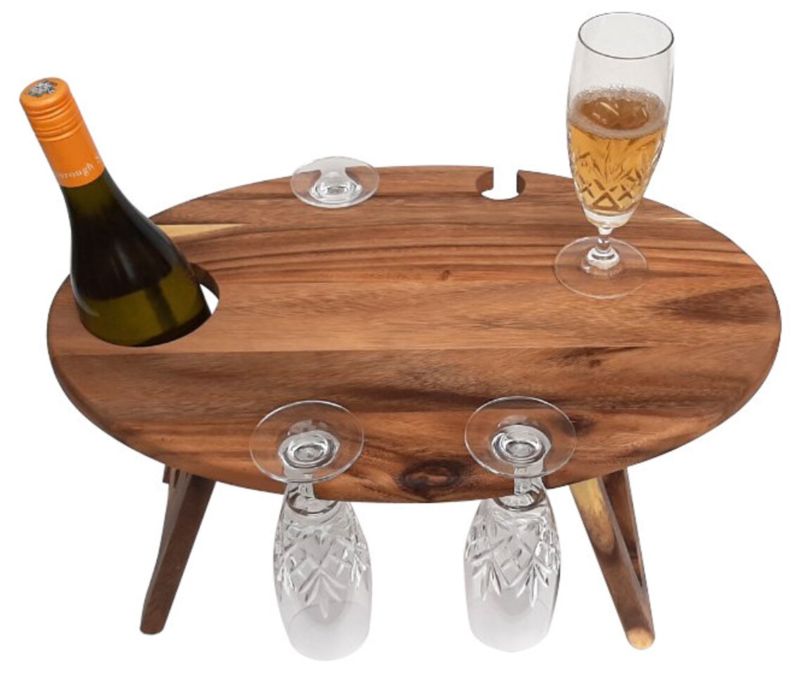 100% Solid Wood Wine Table, Folding Bed Serving Tray, Round Portable ...