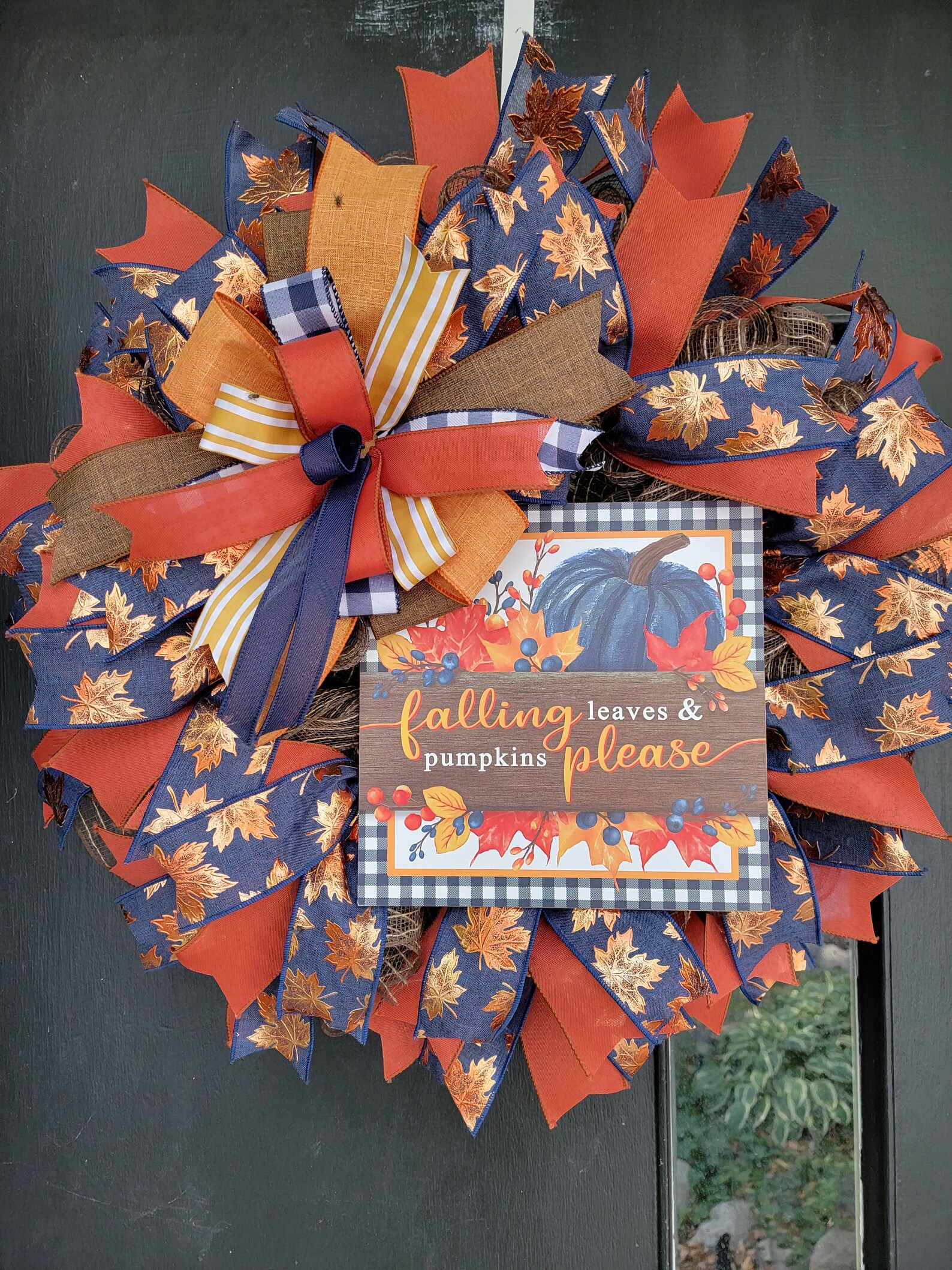 Falling Leaves Navy Wreath for Front Door, Rust and Navy Autumn Leaves ...