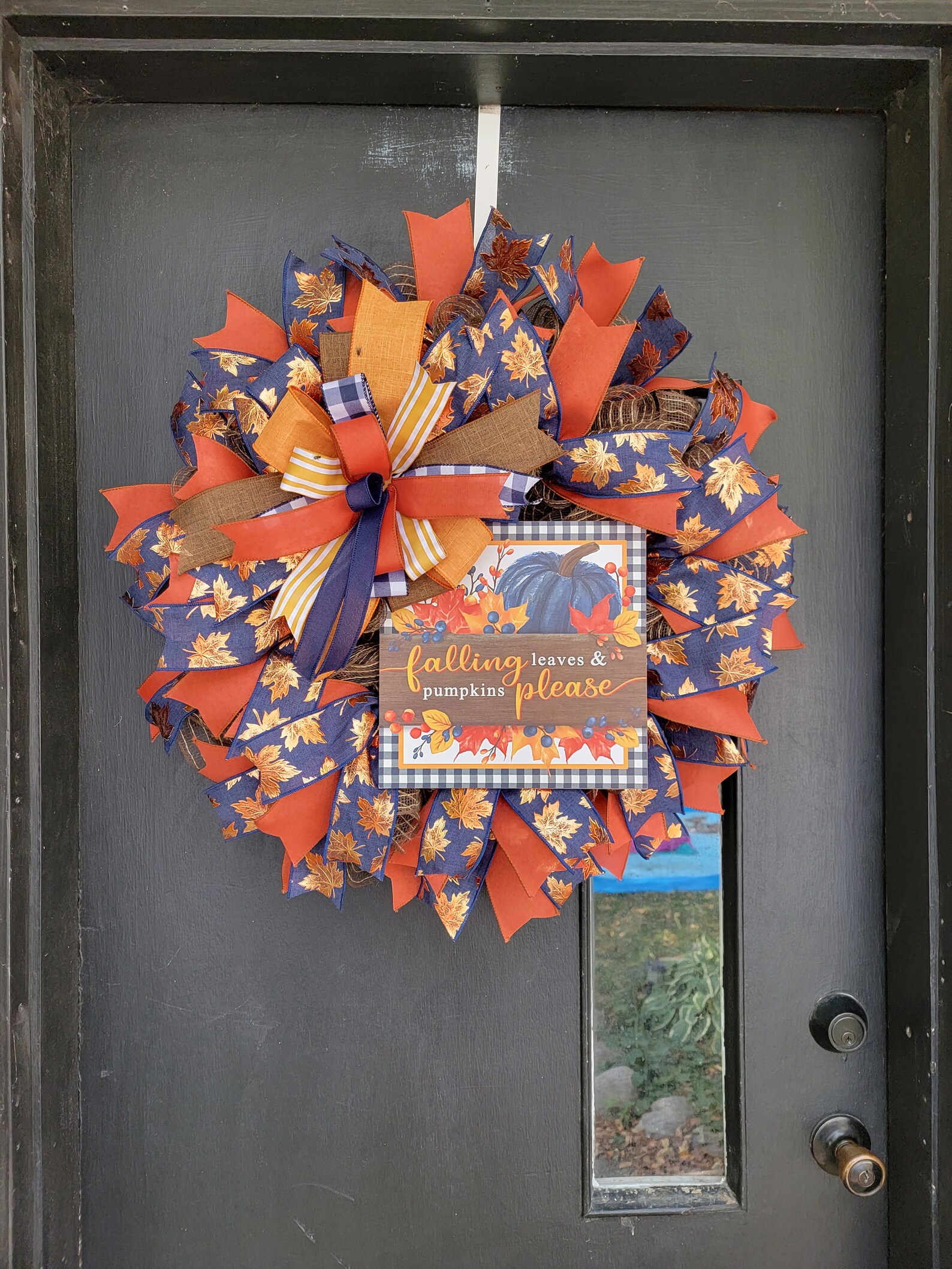 Falling Leaves Navy Wreath for Front Door, Rust and Navy Autumn Leaves ...