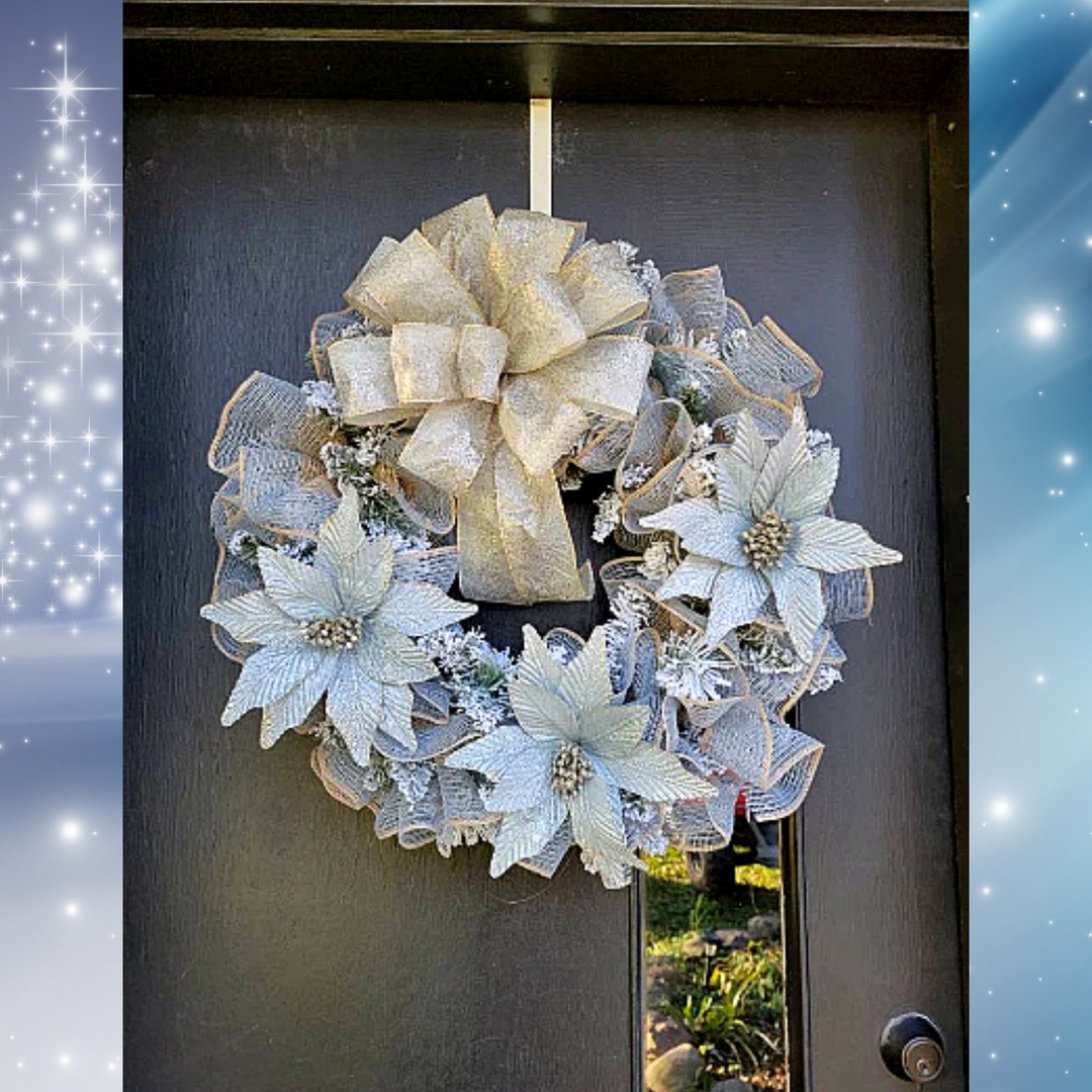 Light Blue Poinsettia Wreath, Poinsettia Christmas Wreath, Blue ...