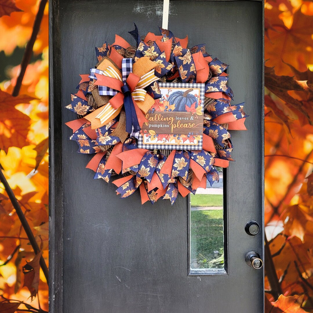 Falling Leaves Navy Wreath for Front Door, Rust and Navy Autumn Leaves ...