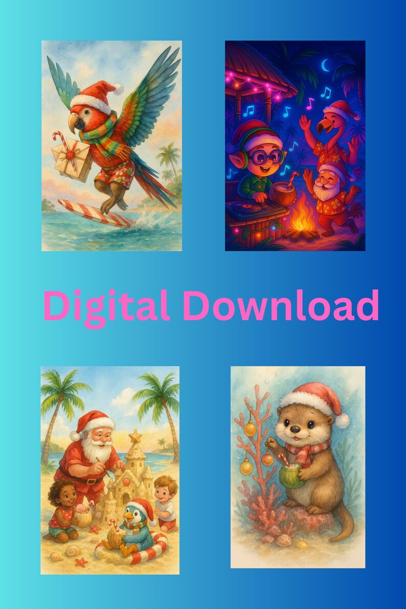 Tropical Christmas Clipart Bundle, Beach Santa PNG, Holiday Animal Clip ...