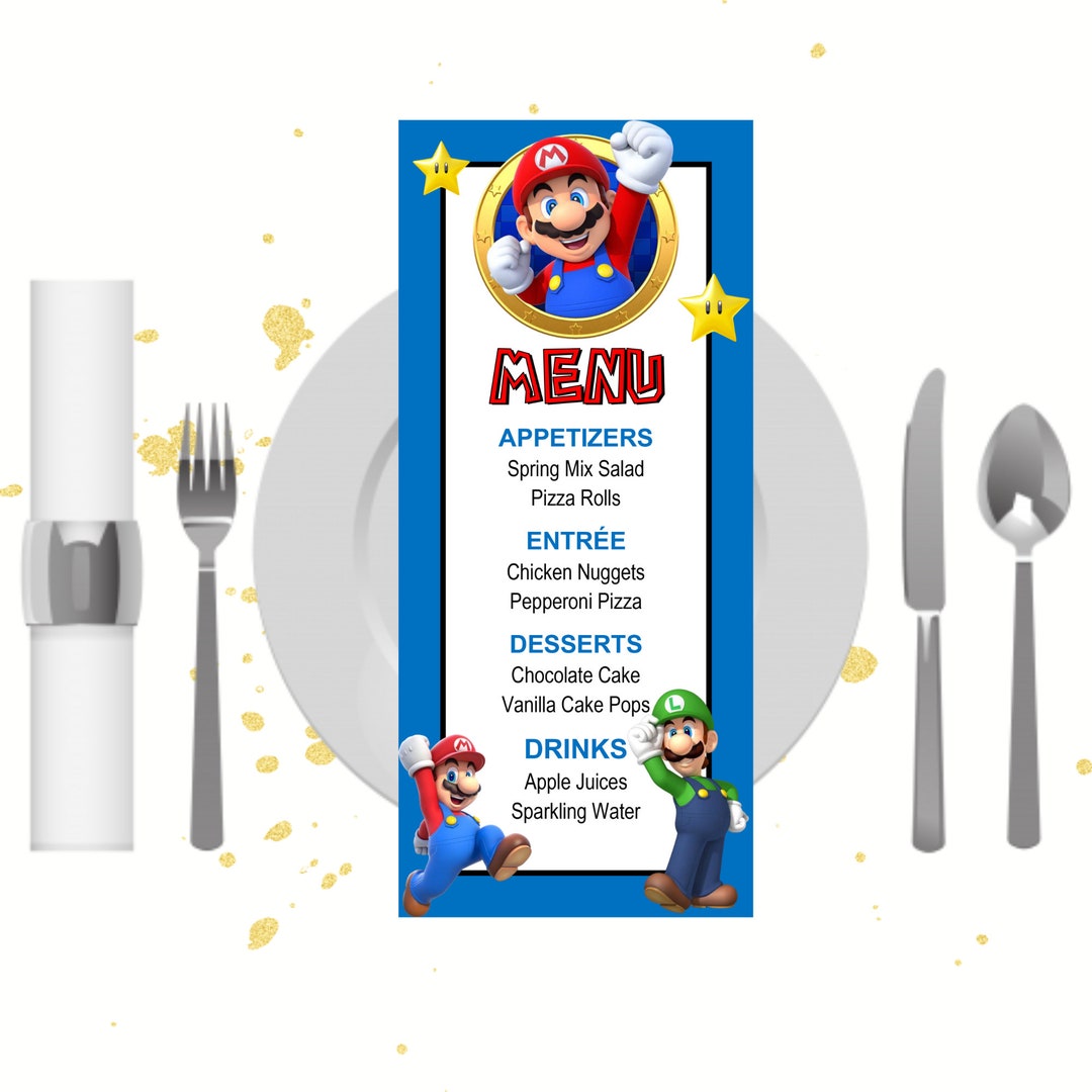 Super Mario Bros Menu Card Menu Cards Any Theme Available Digital File ...