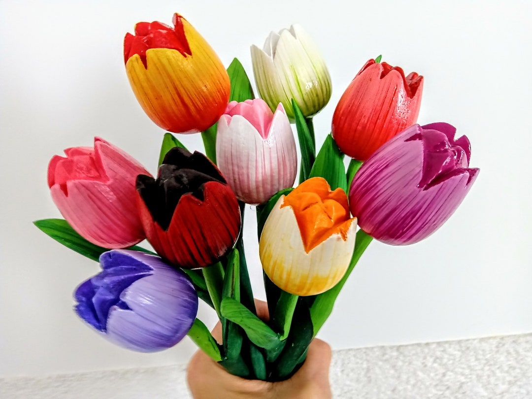Wood Tulips Hand Painted Unique Spring Flowers Bouquet Wooden Holland ...