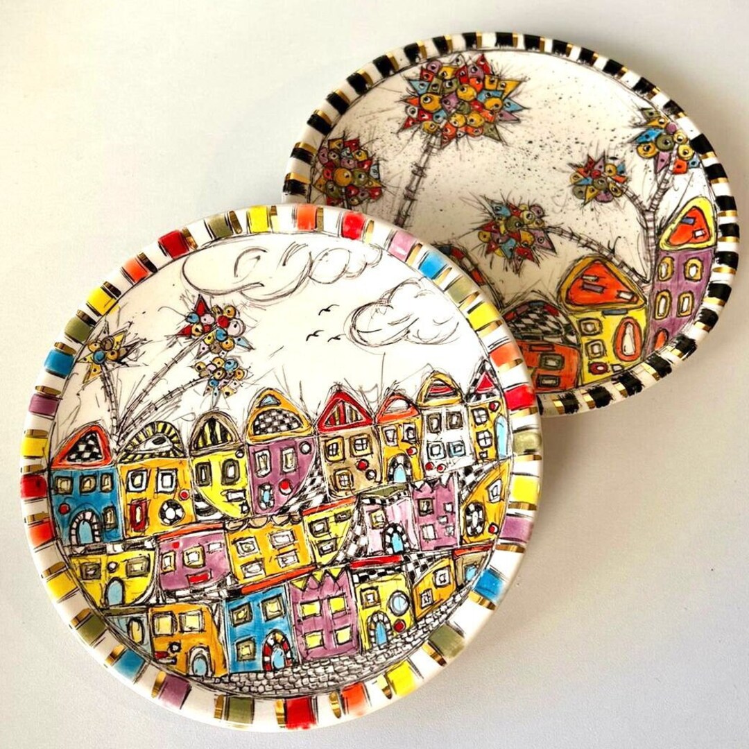 Colorful Plates Colorful Home Figure on Platehandmade Unique - Etsy