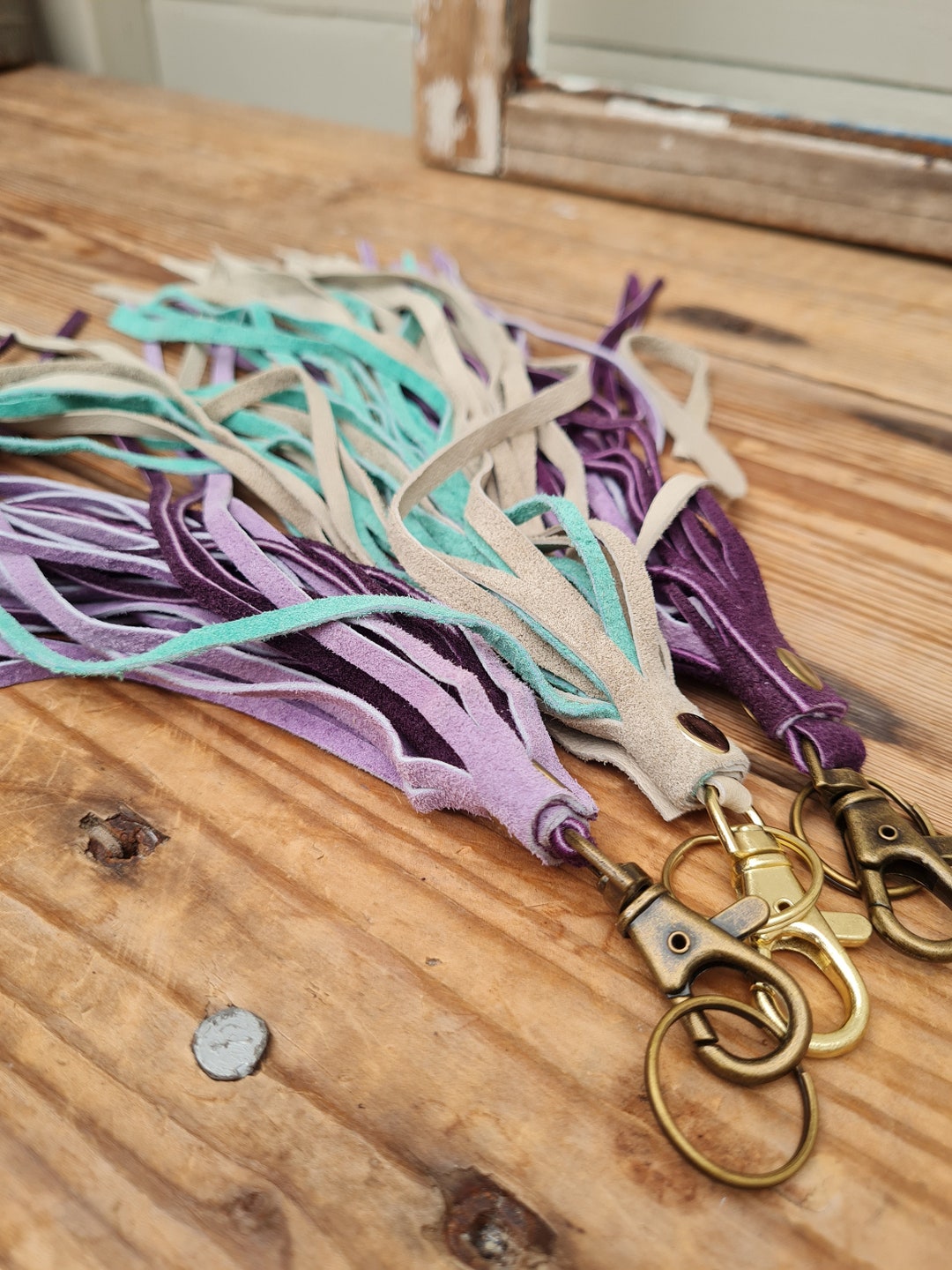 2 Colored Tassel, Recycled Leather Key Ring Tassel, Key Fob, Leather ...