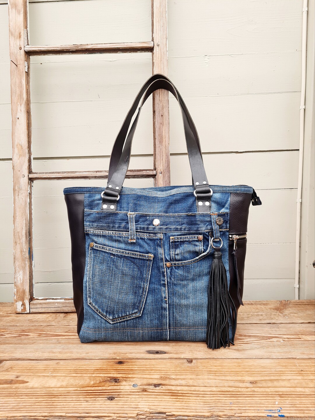 Leather Denim Bag, Upcycled Denim Bag, Denim Shopper, Denim Purse - Etsy