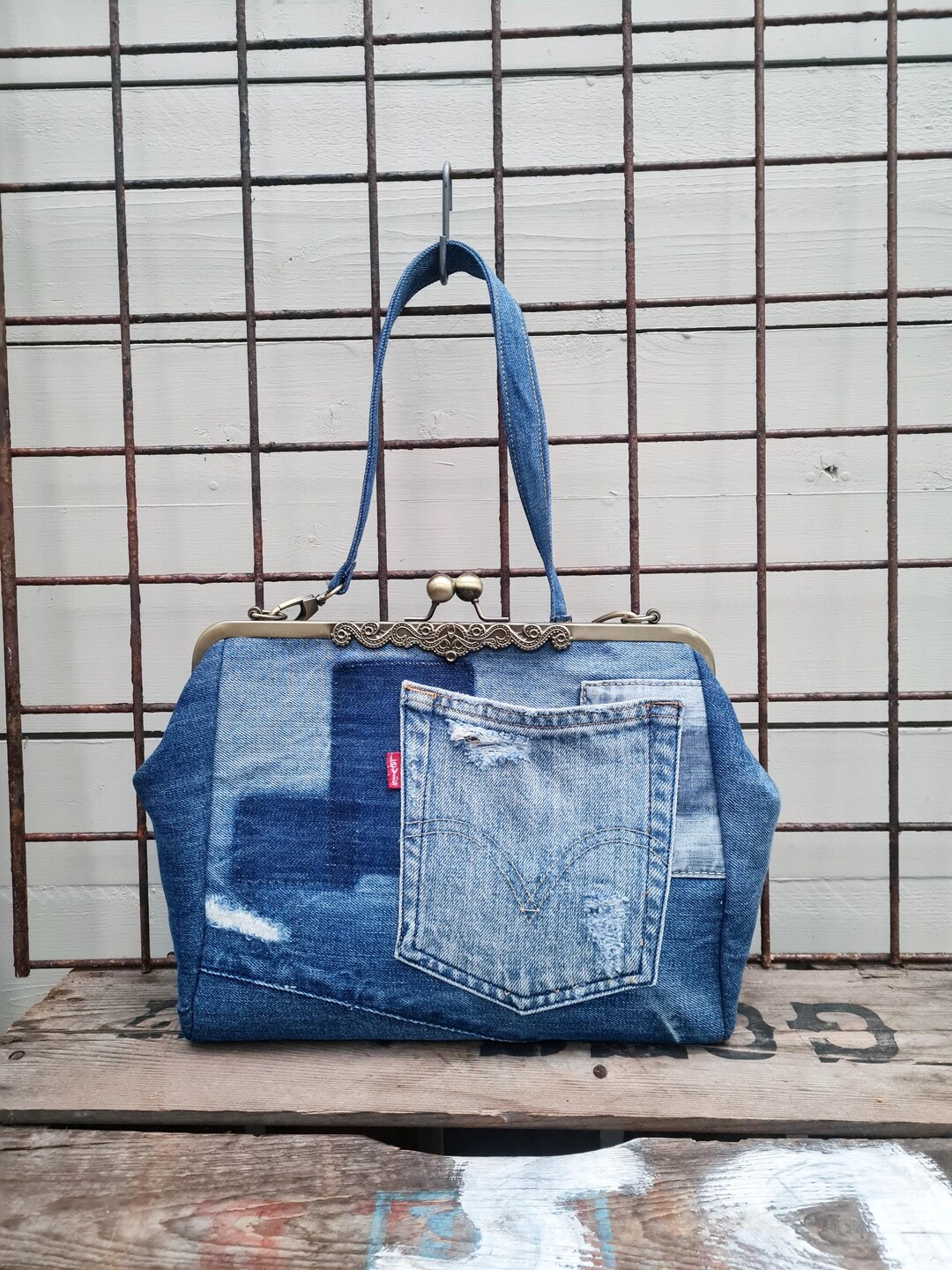 Patchwork Denim Crossbody Bag, Recycled Kiss Lock Closure - Etsy