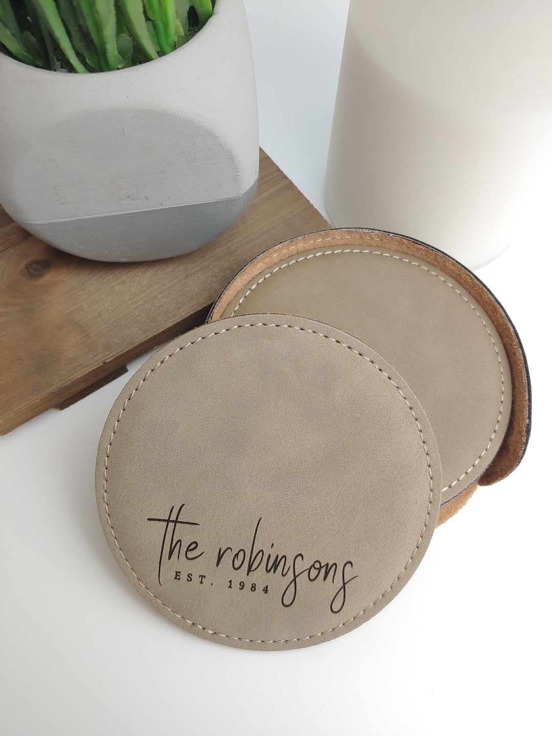 Personalized Leather Coaster Set of 6, Custom Name Initials Engraved ...