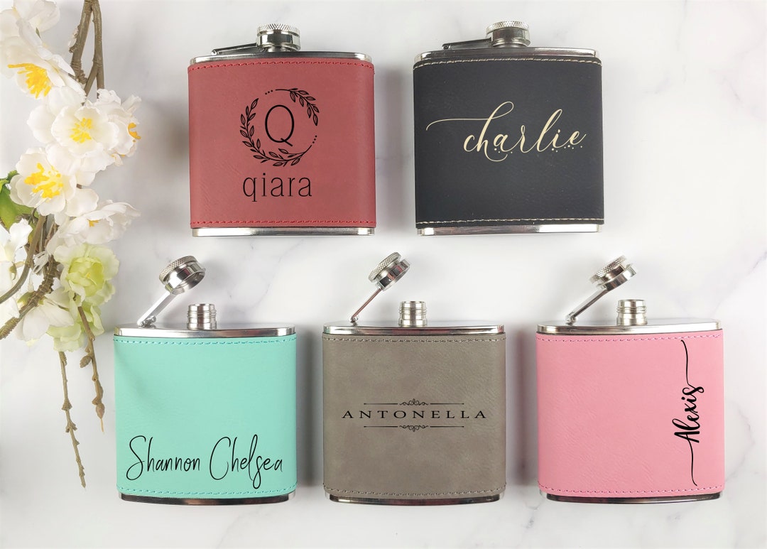 Personalized Women Flasks, Custom Name Leather Engraved Flask, Wedding ...
