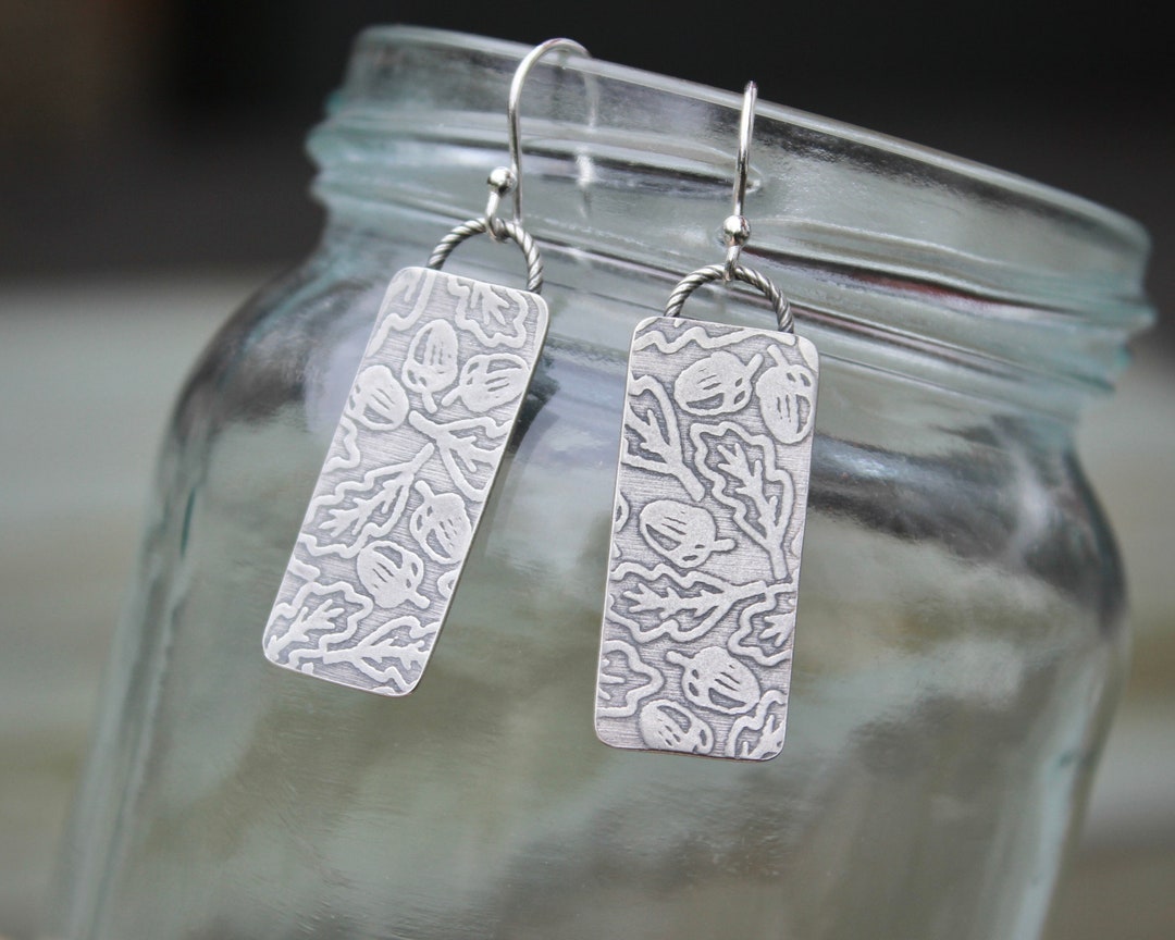 Oak Leaf Sterling Silver Drop Earrings: Textured Acorn Jewellery - Etsy
