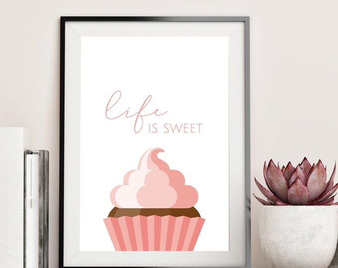 Life is Sweet Wall Art, Kitchen Print, Framed Kitchen Art, Cupcake Art ...