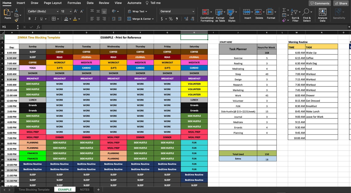 Time Blocking Template Daily Planner Spreadsheet - Etsy