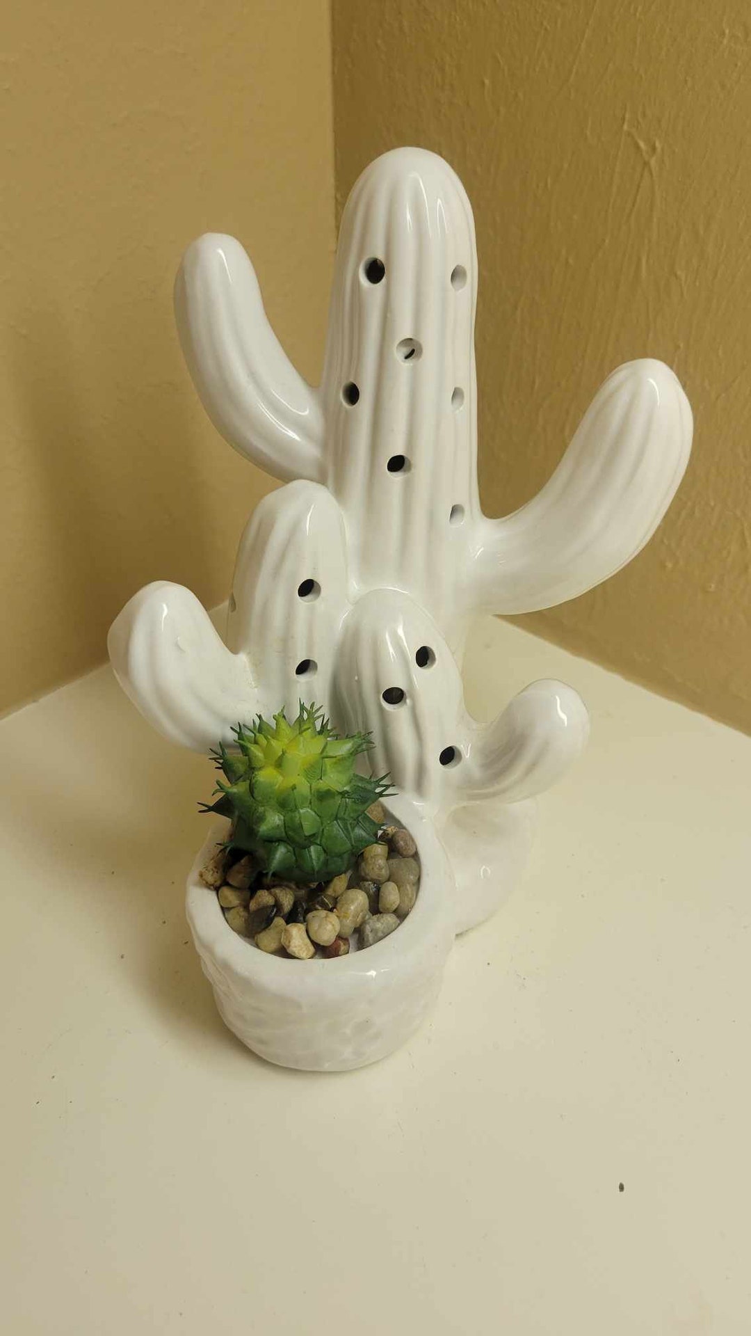 White Ceramic Cactus Potpourri Sachet Holder With Small Artificial ...