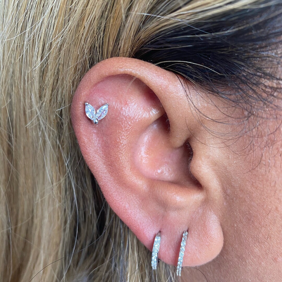 18 Gauge Silver Two Leaf Helix Piercing, Dainty CZ Earring, Cartilage ...