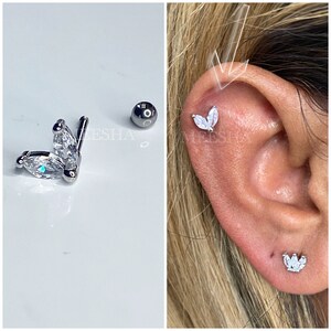 18 Gauge Silver Two Leaf Helix Piercing, Dainty CZ Earring, Cartilage ...