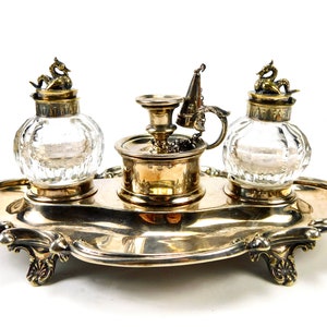 Vintage US Silver Plated Inkwell Ink Desk Stand Home Decor Dragon ...