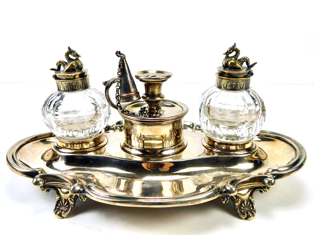 Vintage US Silver Plated Inkwell Ink Desk Stand Home Decor Dragon ...
