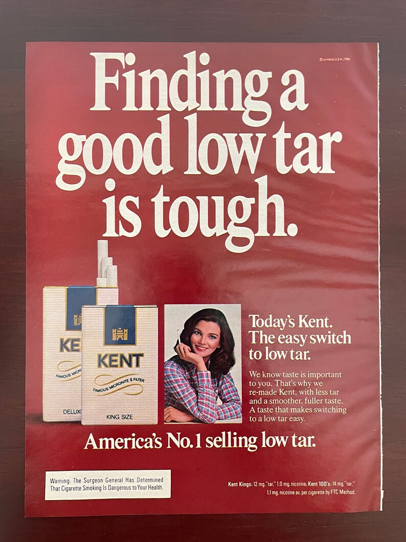 KENT Cigarettes Original Ad, Retro Ad Decor, 1970s Magazine Ad, Low Tar ...