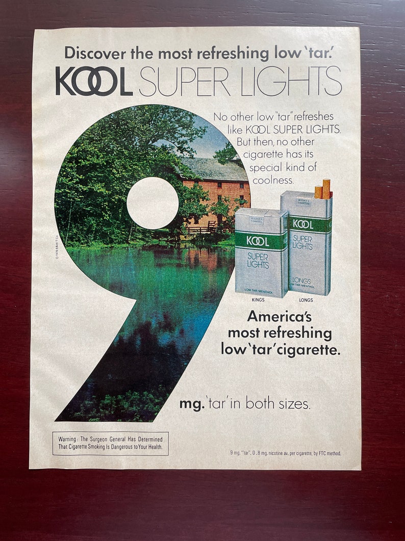 Kool Super Lights Cigarette Ad, 1970s, 1978 Magazine Tobacco ...
