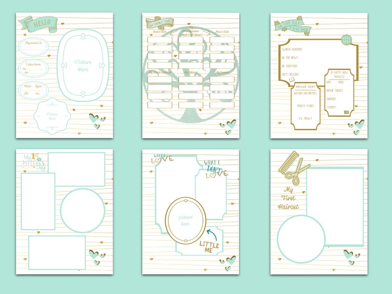 Gender Neutral Baby Book Pages, Mint and Gold Prints | Baby Book ...