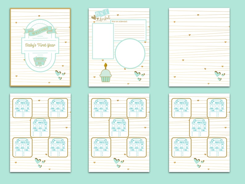 Gender Neutral Baby Book Pages, Mint and Gold Prints | Baby Book ...