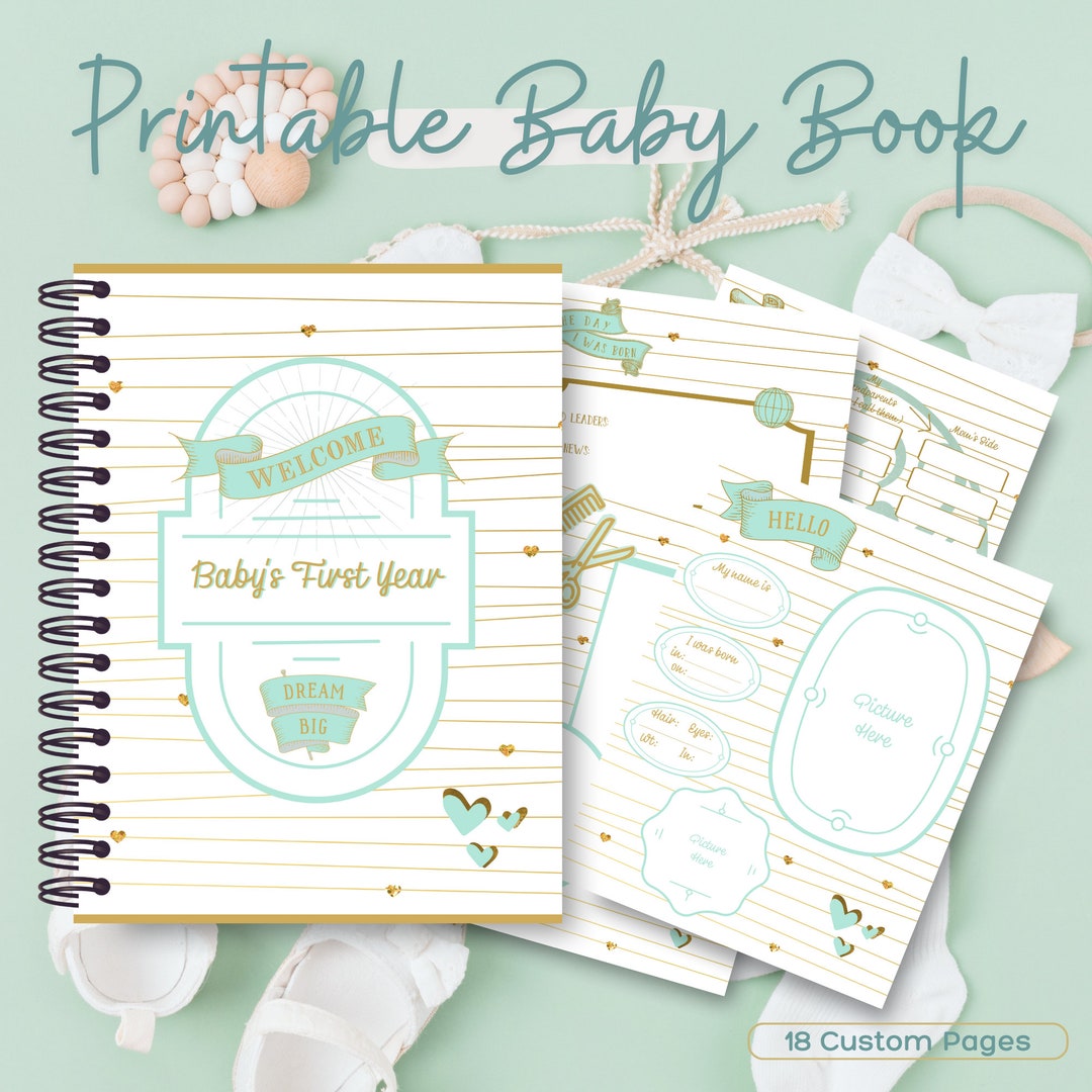 Gender Neutral Baby Book Pages, Mint and Gold Prints | Baby Book ...