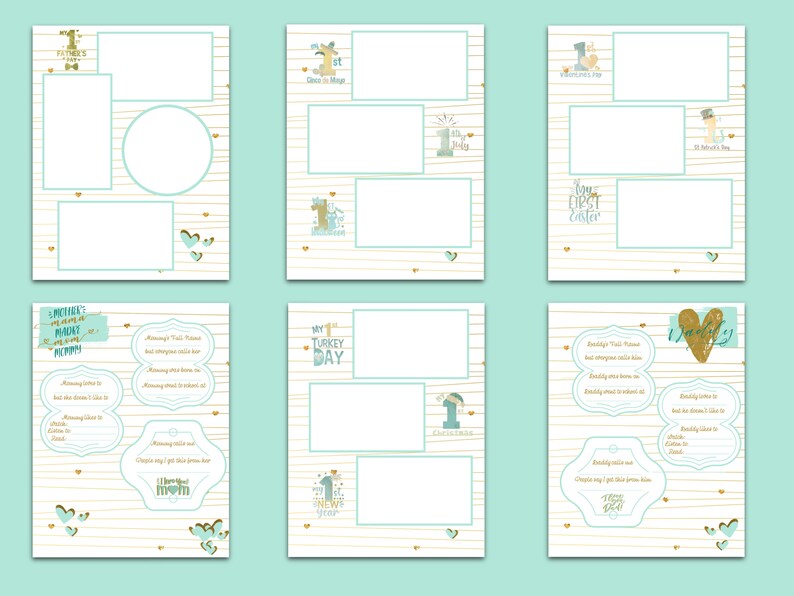 Gender Neutral Baby Book Pages, Mint and Gold Prints | Baby Book ...