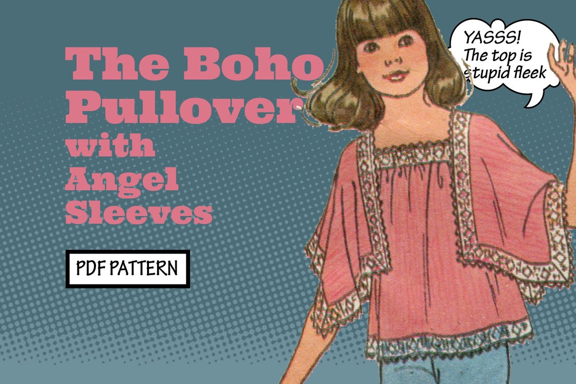 Vintage Sewing Pattern Easy Women Girls Boho Pullover Angel Sleeves ...