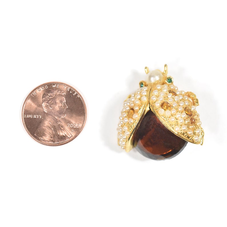 Hattie Carnegie Lady Bug Brooch, Rhinestones, Rich Brown Cabochon, Faux ...