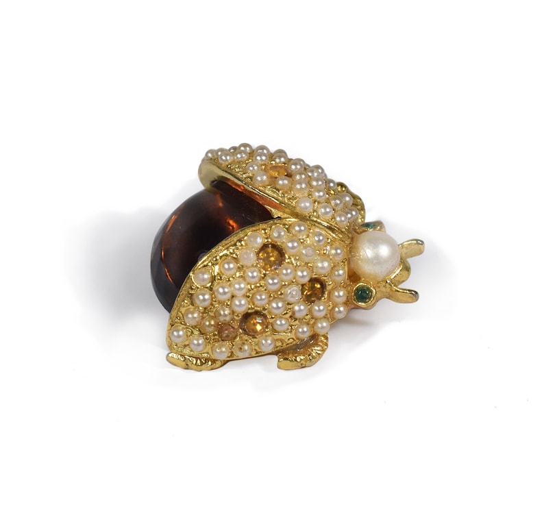 Hattie Carnegie Lady Bug Brooch, Rhinestones, Rich Brown Cabochon, Faux ...