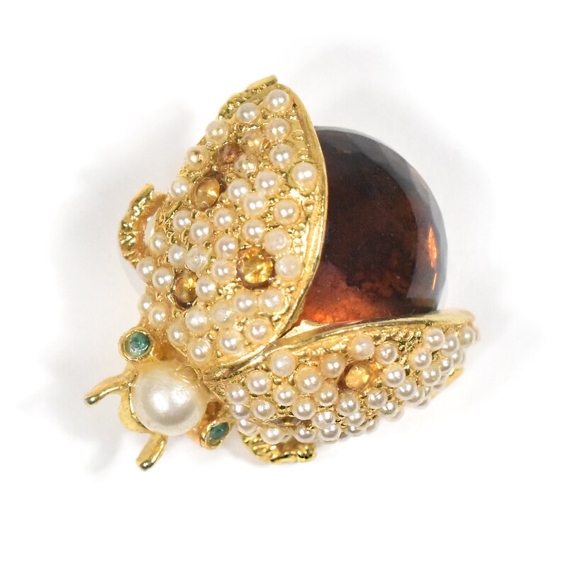 Hattie Carnegie Lady Bug Brooch, Rhinestones, Rich Brown Cabochon, Faux ...