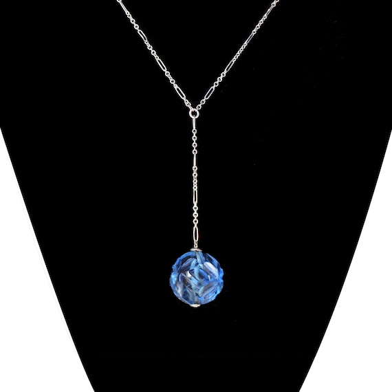 Carved Crystal Blue Bead Neclace Art Deco ca. 1920's - Gem