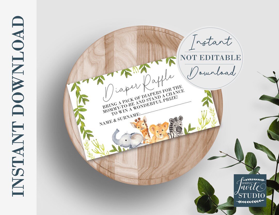 Safari Animal Baby Shower Diaper Raffle Card, Jungle Printable Diaper ...