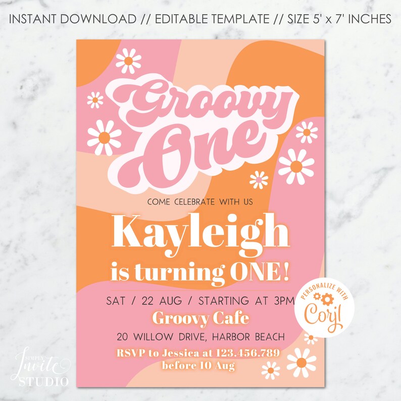 Groovy One Girl Birthday Invitation, Retro 70s Vibe Hippie 1st Pink ...