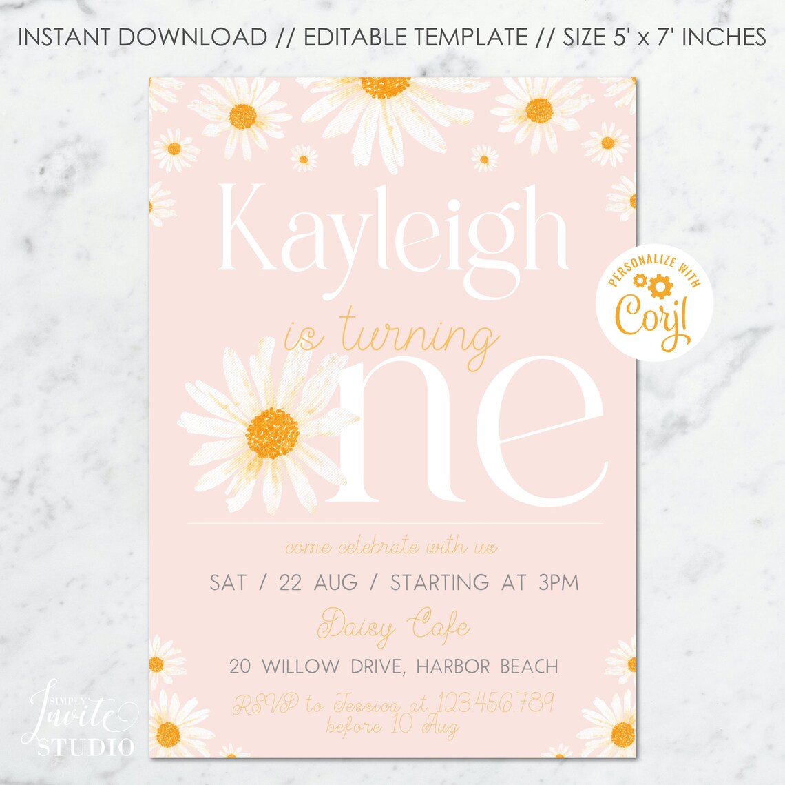 DAISY 1st Girl Birthday Invitation Wildflower Blush Pink - Etsy